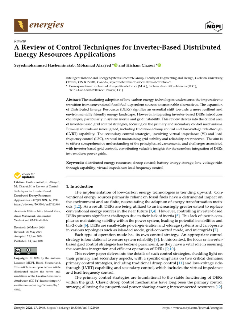 A Review of Control Techniques For Inverter-Based Distributed Energy Resources Applications ...