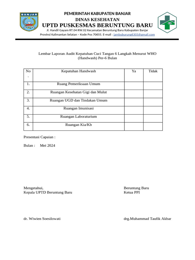 Lembar Laporan Audit Kepatuhan Cuci Tangan 6 Langkah Menurut WHO | PDF