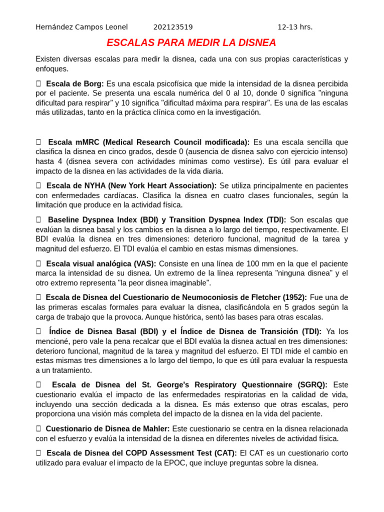 Escalas para Medir la Disnea: Guía Completa | PDF | Enfermedades y ...