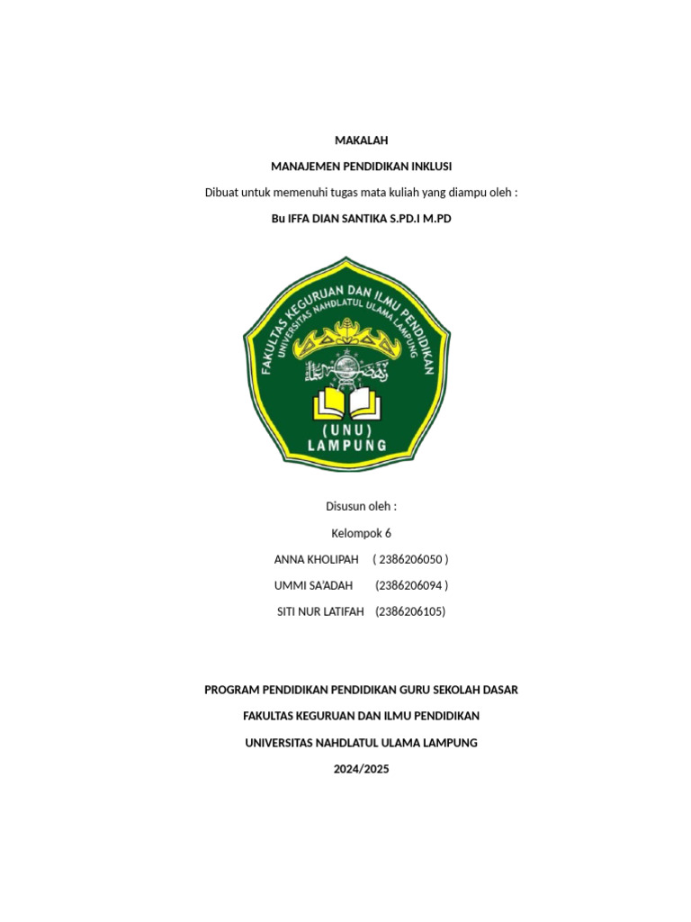 Makalah Manajemen Pendidikan Inklusi Kel 6 Bu Ifaa | PDF