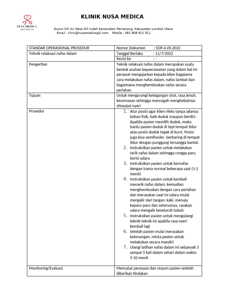 SOP Tehnik Nafas Dalam | PDF