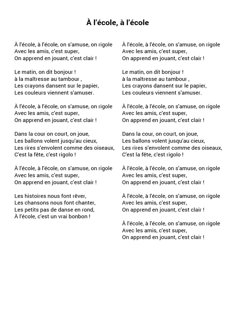 Paroles Chanson: À Lécole À L'école | PDF