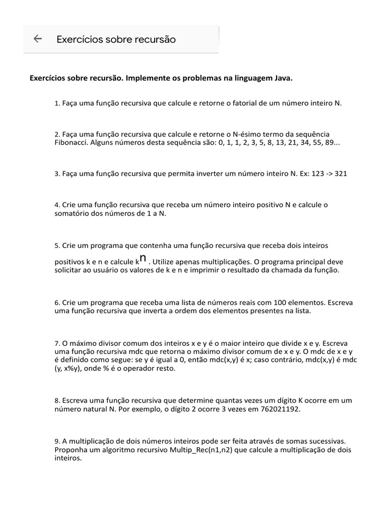 Exercícios Sobre Recursão | PDF | Recursão | Matemática elementar