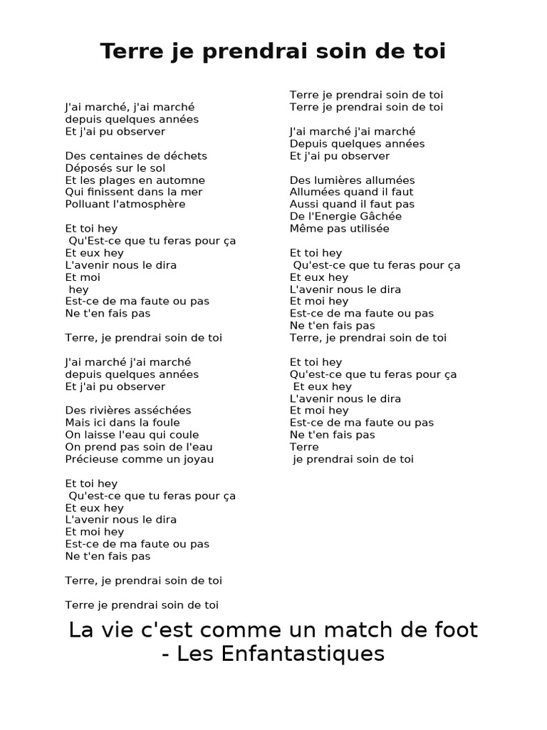 Paroles Chanson: Terre Je Prendrais Soin de Toi | PDF