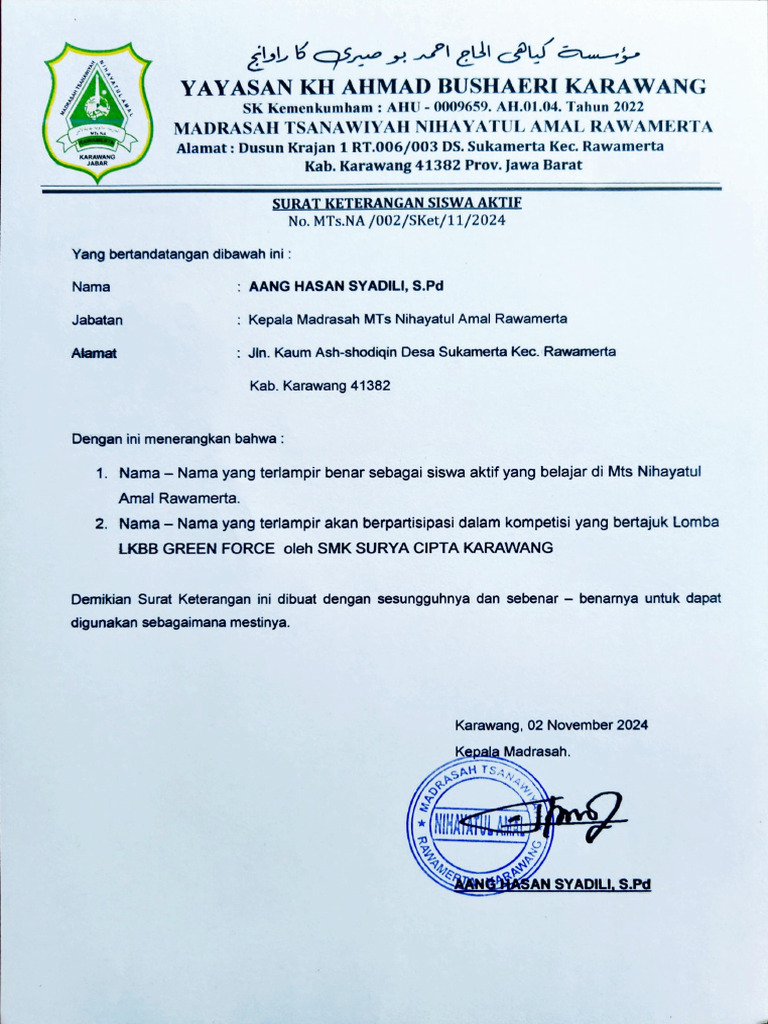 Surat Keterangan Aktif Siswa TTD Kamad | PDF