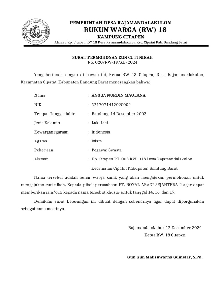 Surat Izin Cuti Menikah | PDF