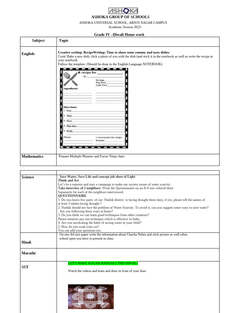 Grade IV Diwali Homework Guide | PDF