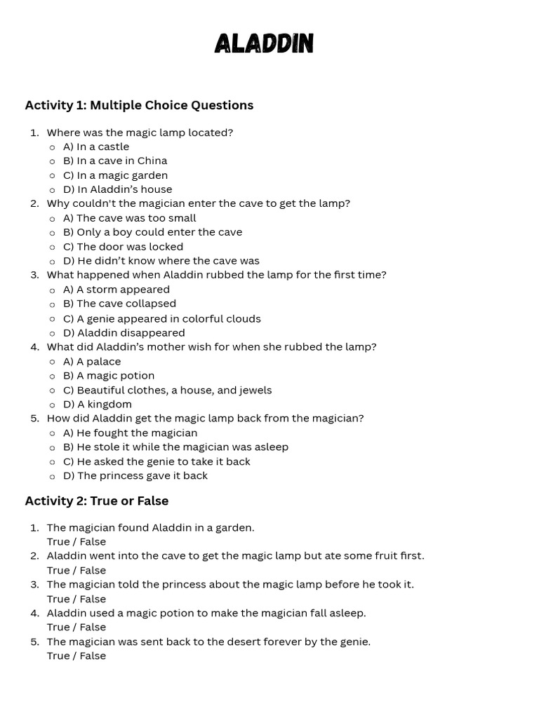 Aladdin and the Magic Lamp Activities | PDF | Fairy Tales | Folklore