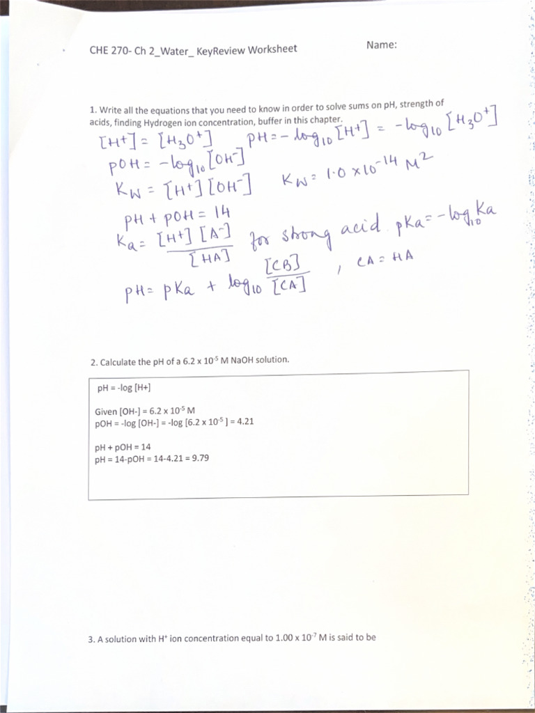 CHE 270 - CH 2 - Water - KeypH&BufferReview WS | PDF