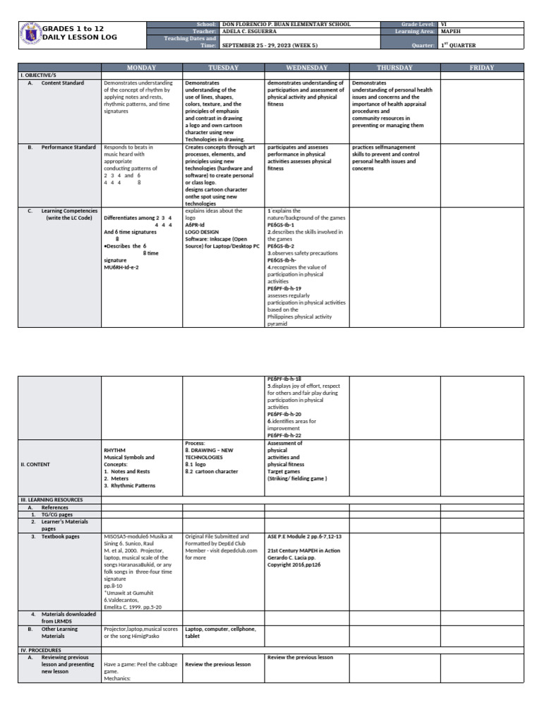 DLL_MAPEH 6_Q1_W5 | PDF | Rhythm | Learning