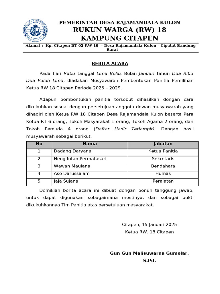 Pembentukan Panitia Pemilihan RW 18 Citapen | PDF
