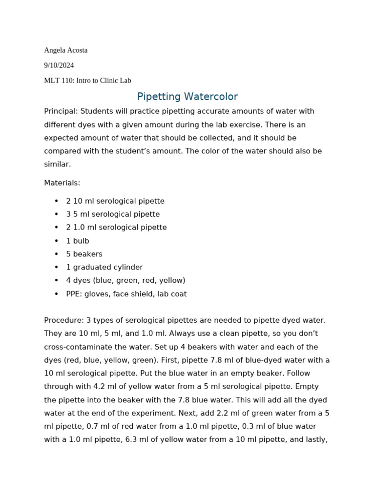 Pipetting Watercolor Lab #1 | PDF