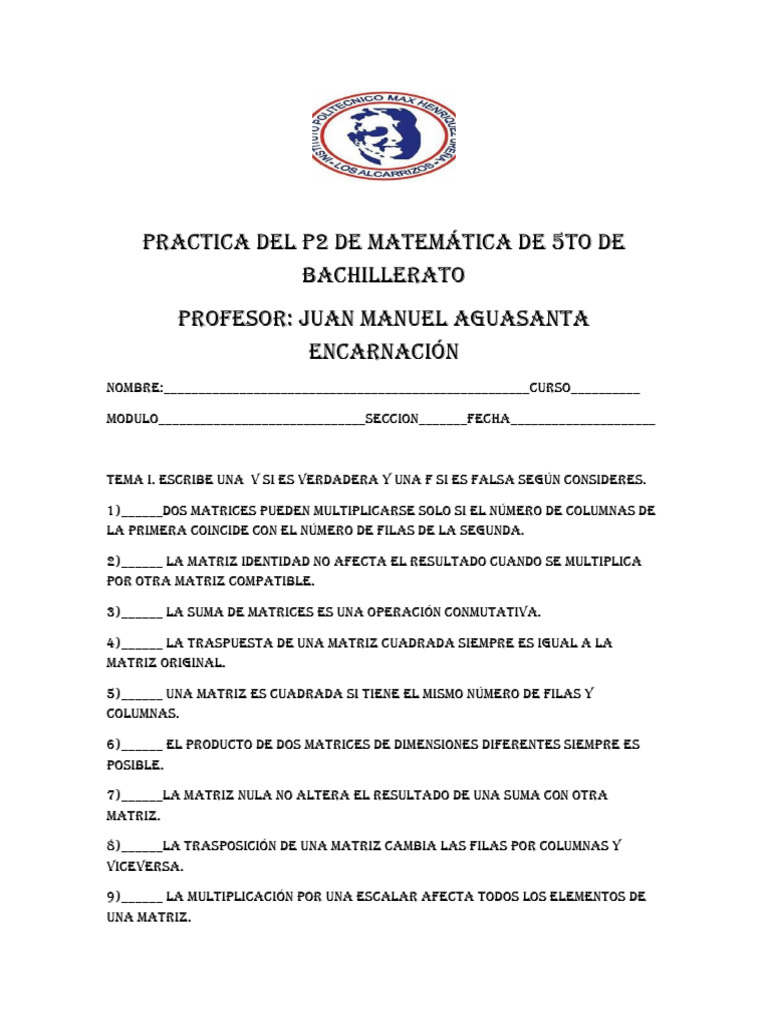 Practica Del P2 de Matematica de 5to de Bachillerato | PDF | Matriz (Matemáticas) | Álgebra