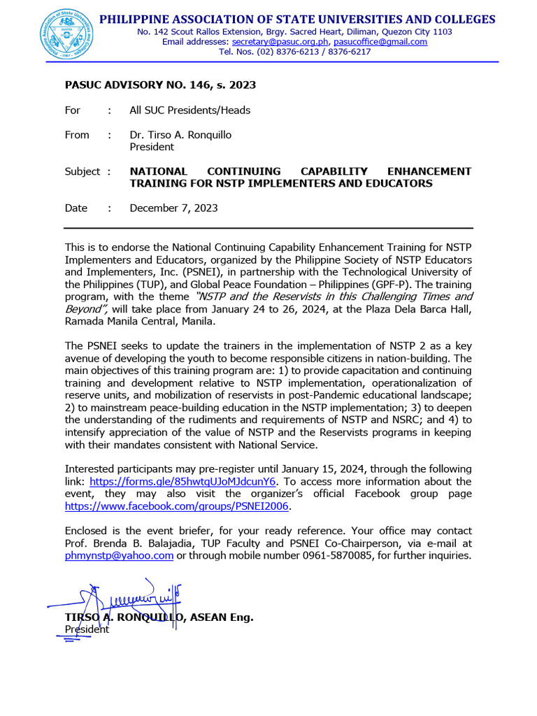 ADVISORY NO. 146 S. 2023 NATIONAL CONTINUING CAPABILITY ENHANCEMENT ...
