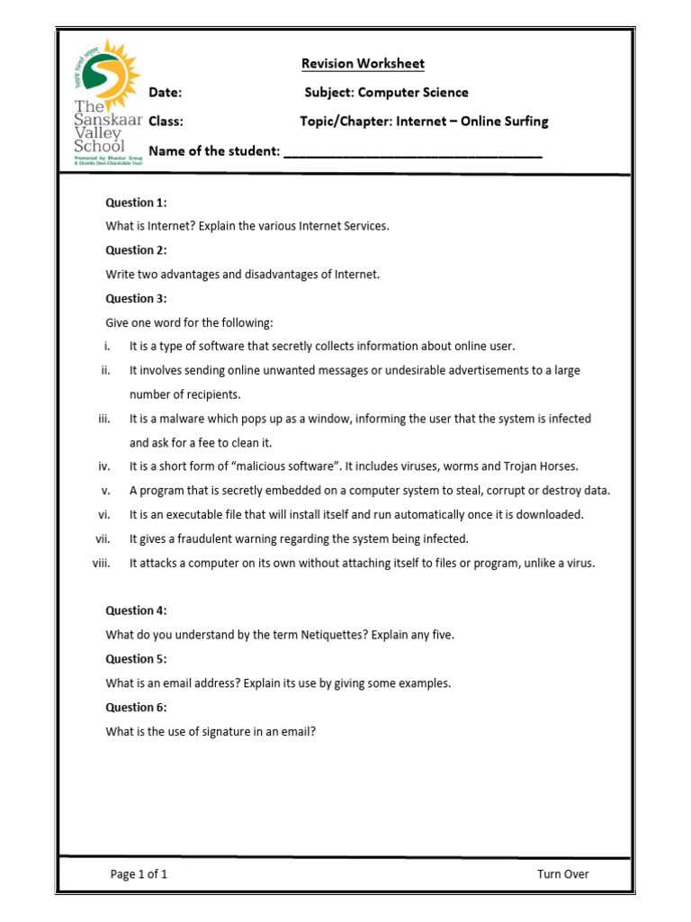 Grade 6 - Computer Worksheet 17 | PDF