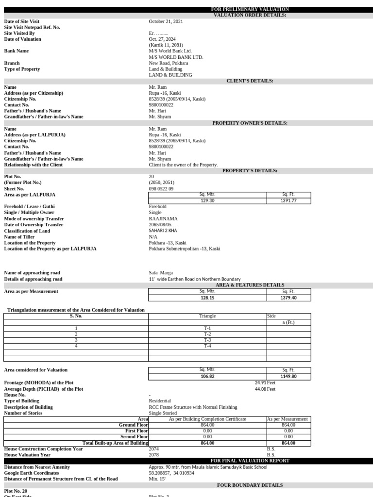 Lalpurja Sample Valuation Report | PDF | Wall | Valuation (Finance)