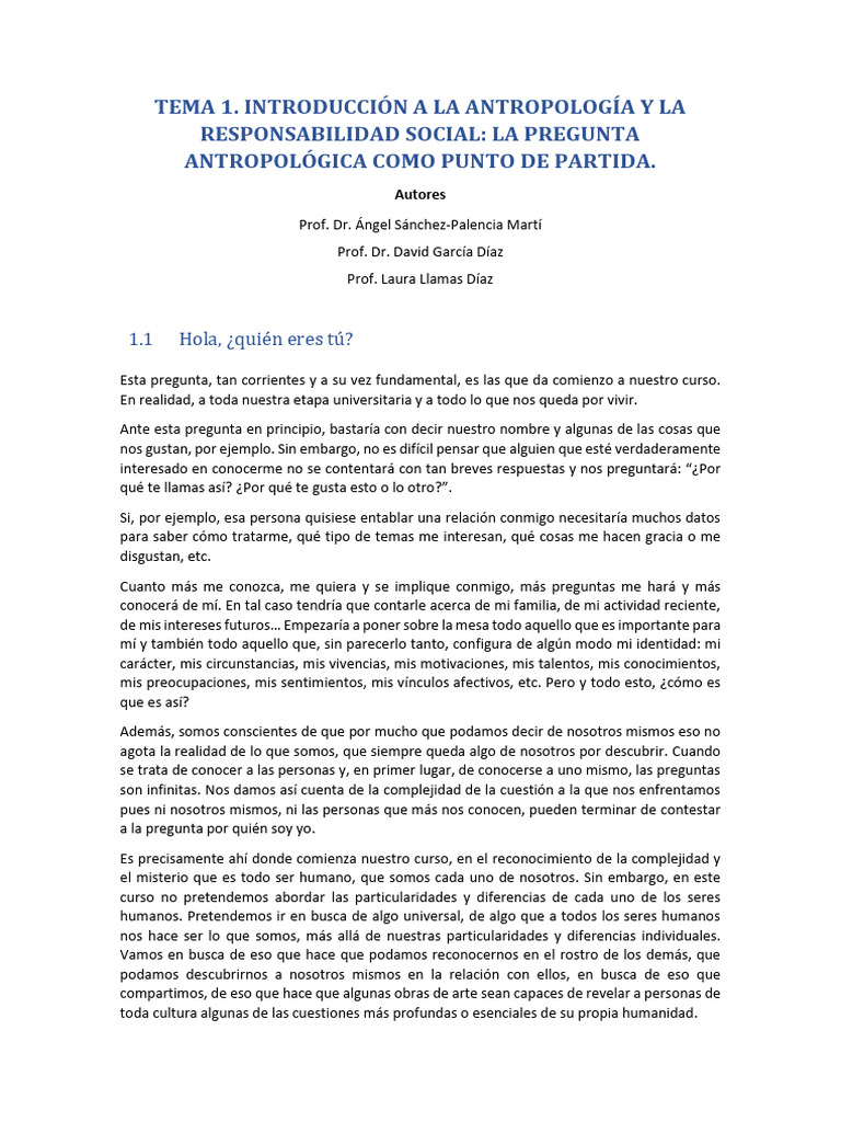 Tema 1. Introducción A La Antropología y La Responsabilidad Social La Pregunta Antropológica ...