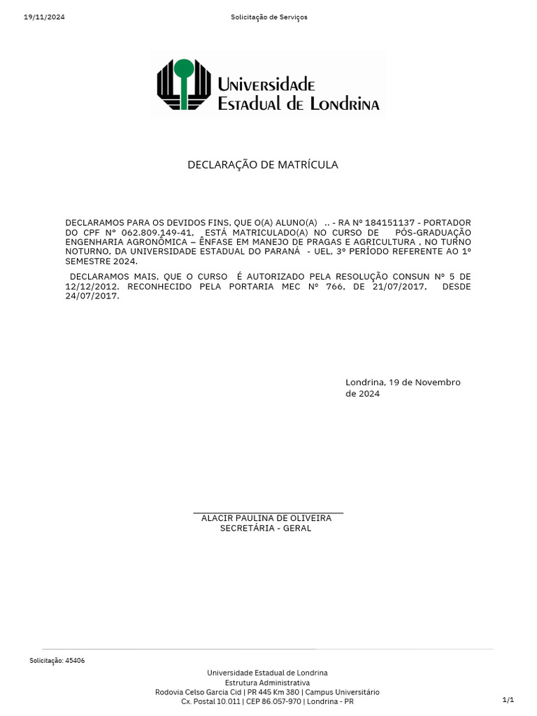 Declaracao de Matricula PDF | PDF