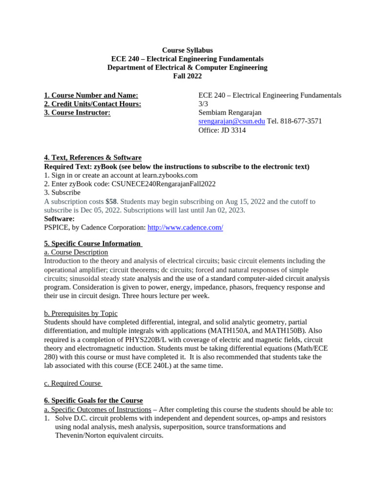 ECE 240 Syllabus: Electrical Engineering | PDF | Electrical Network ...