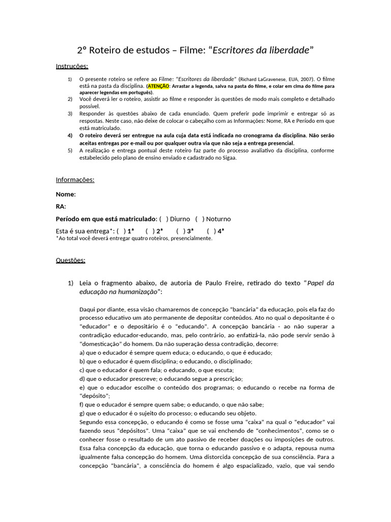 2º Roteiro - Escritores Da Liberdade | PDF | Realidade | Pedagogia