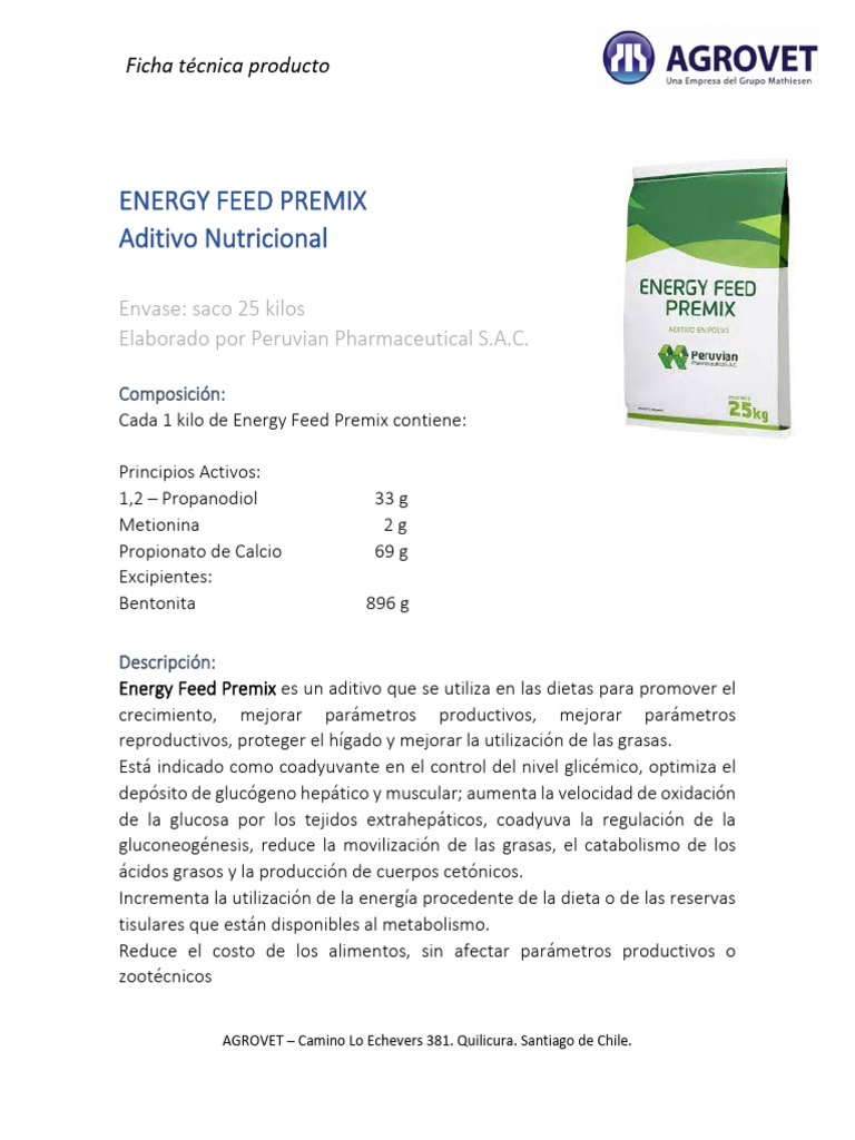 Energy Feed Premix: Aditivo Nutricional | PDF