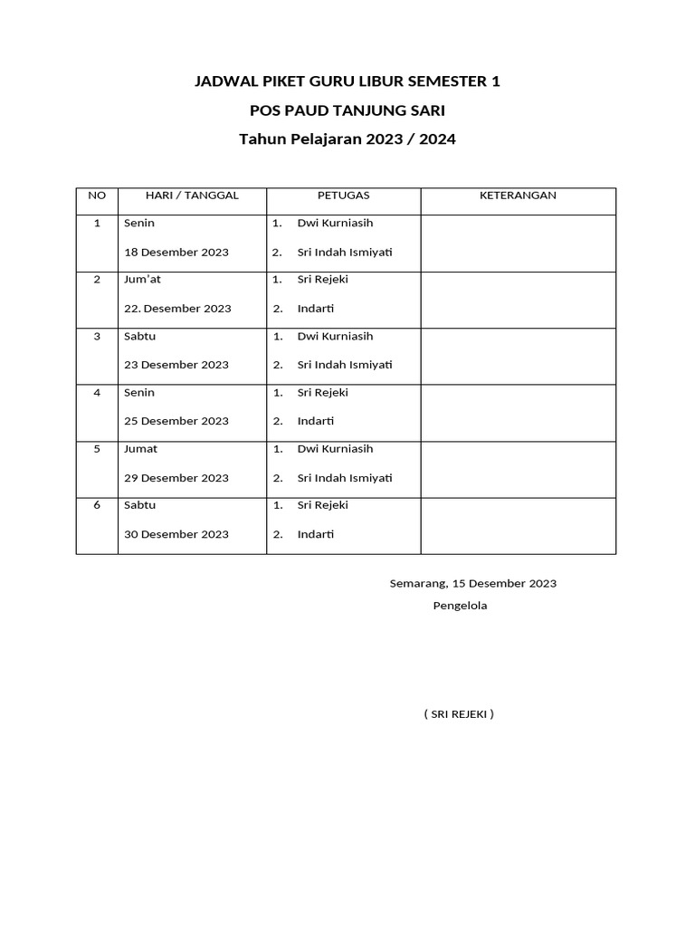 Jadwal Piket Guru Libur Semester 1 | PDF