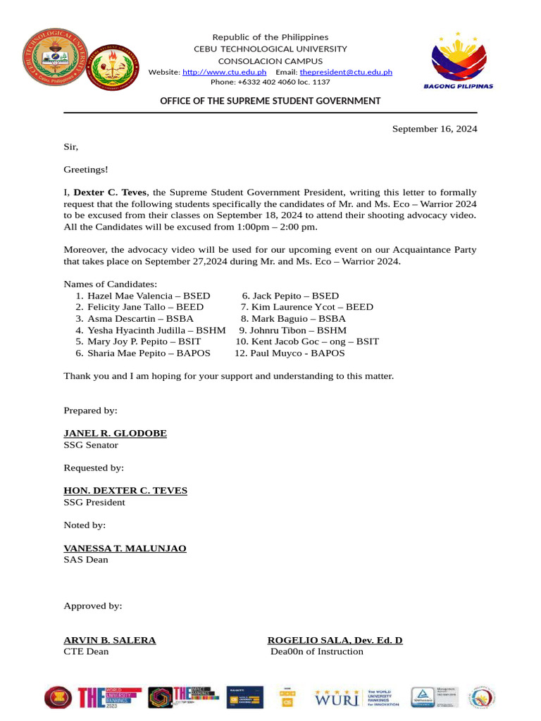 Acquaintance Letter for Class Excusal | PDF