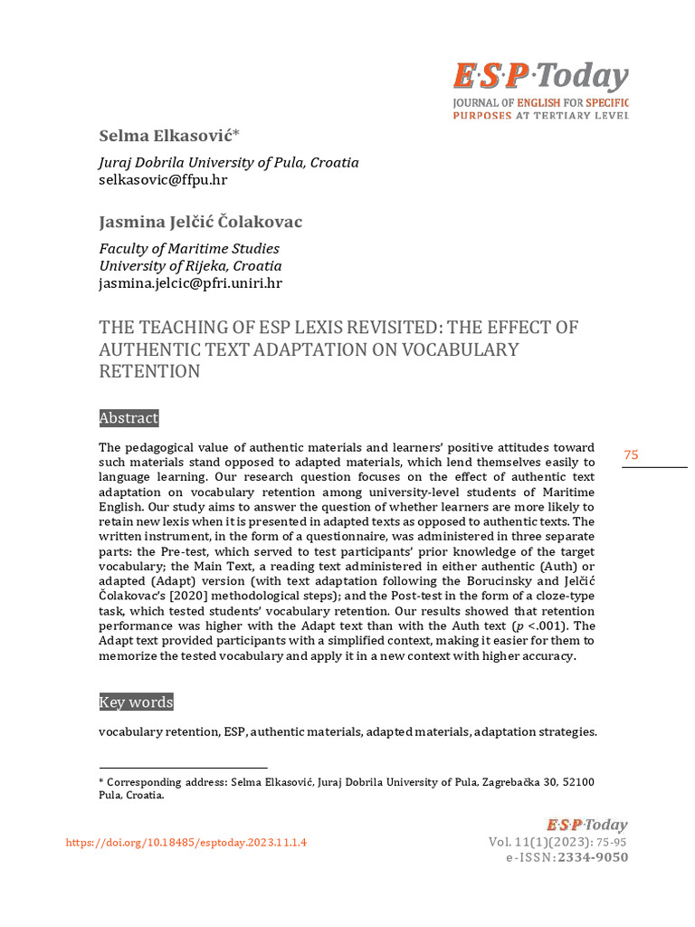 effect of authentic text adaptation on vocabulary retention | PDF | Vocabulary | Applied Psychology