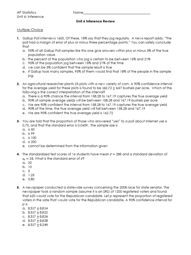 Unit 6 Review 2016 | PDF | Opinion Poll | Sampling (Statistics)