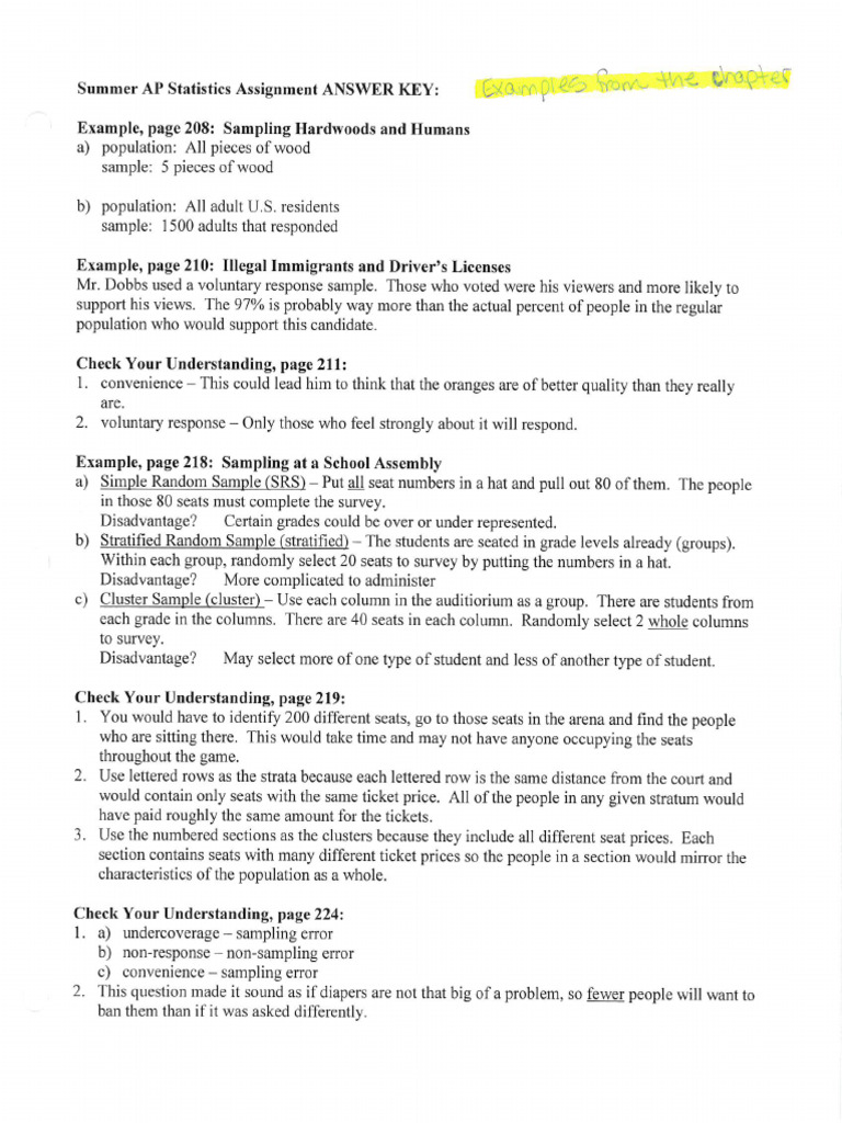 AP Stats - Answer KEY For Summer Assignment | PDF