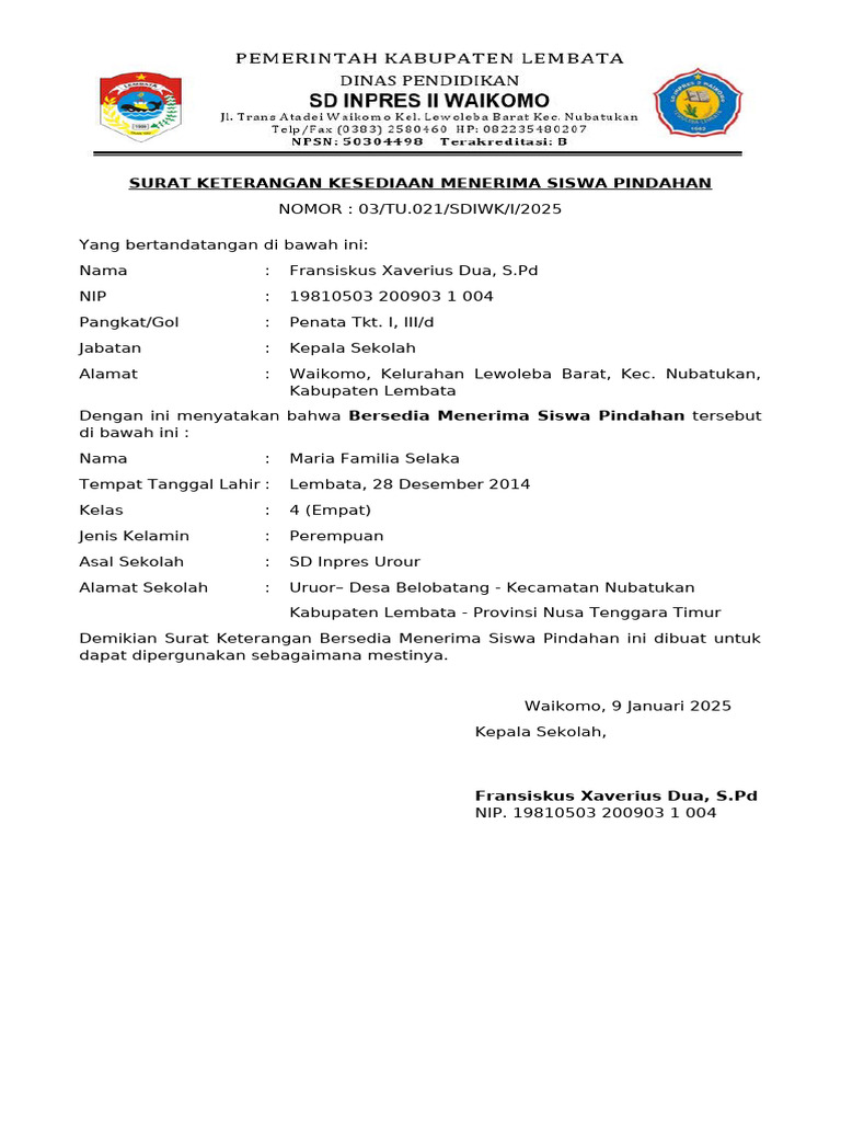 SURAT KETERANGAN KESEDIAAN MENERIMA SISWA MUTASI - Maria Familia Selaka ...