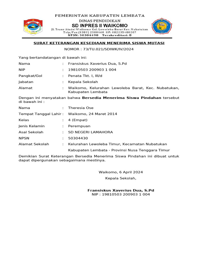 SURAT KETERANGAN KESEDIAAN MENERIMA SISWA MUTASI - Theresia Ose | PDF