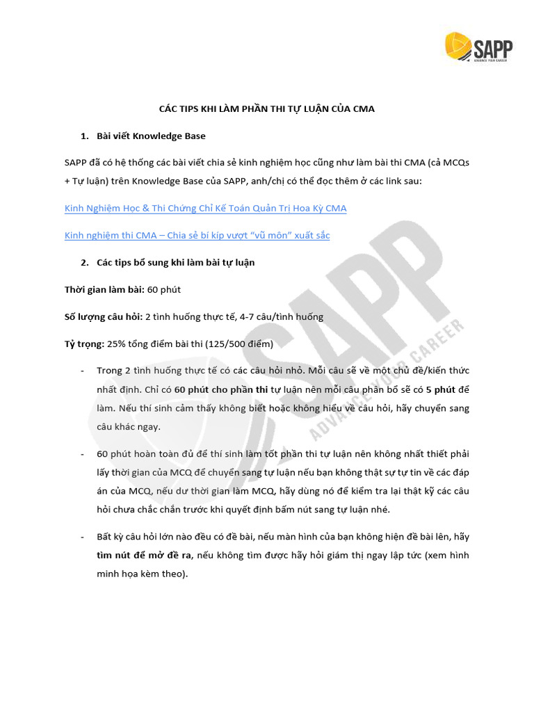 Tips làm bài TỰ LUẬN CMA độc quyền từ SAPP Academy | PDF
