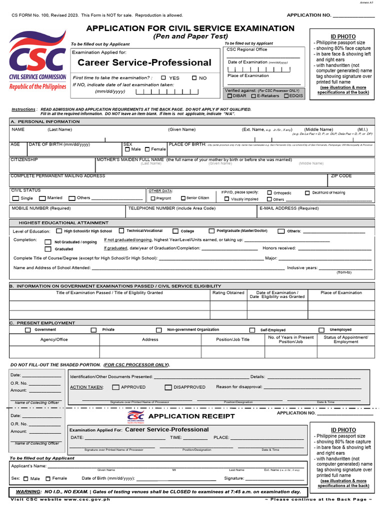 Civil Service Exam Application Form | PDF | Identity Document