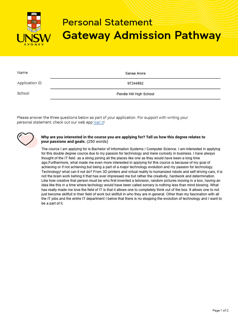 Sanaa Arora UNSW Personal Statement | PDF | English Language | Cognition
