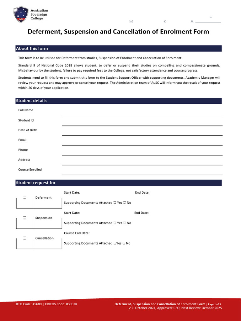 Deferment, Suspension and Cancellation of Enrolment Form V2 (1) | PDF