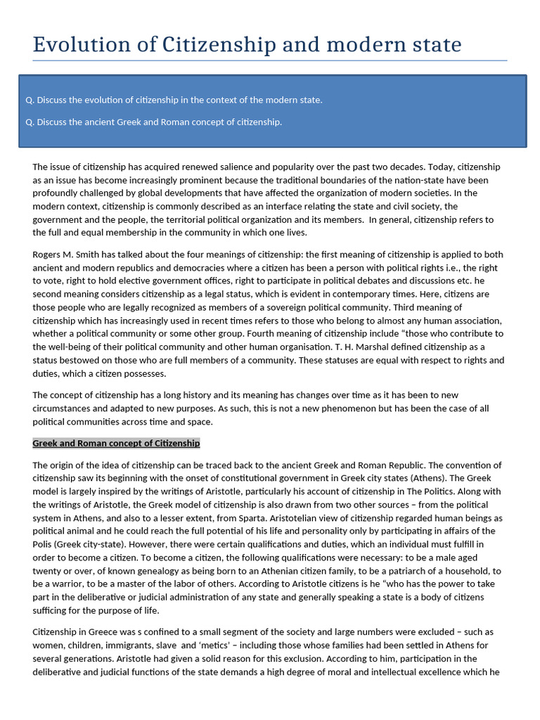 Evolution of Citizenship and Modern State - DSE B3 | PDF | Citizenship ...