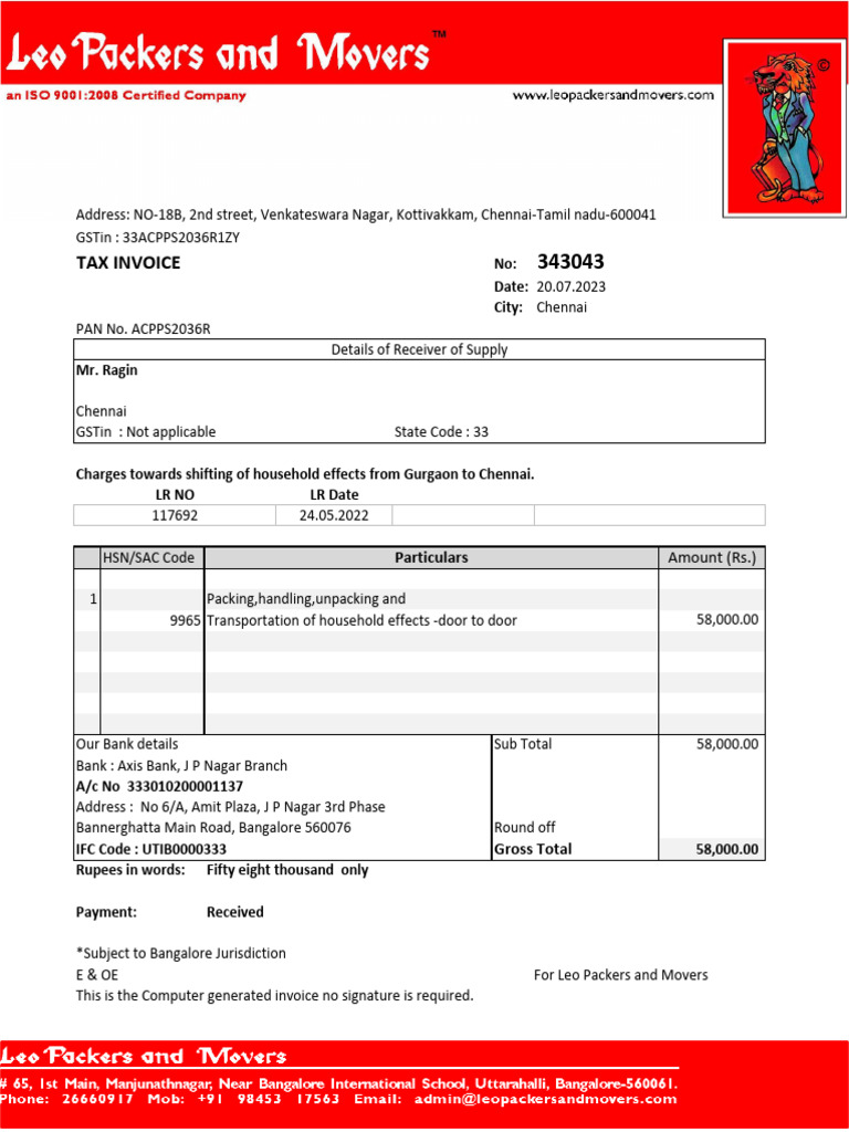 Invoice for Household Relocation | PDF