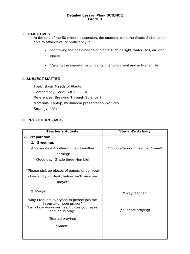 Detailed Lesson Plan Basic Needs of Plants | PDF | Lesson Plan | Root
