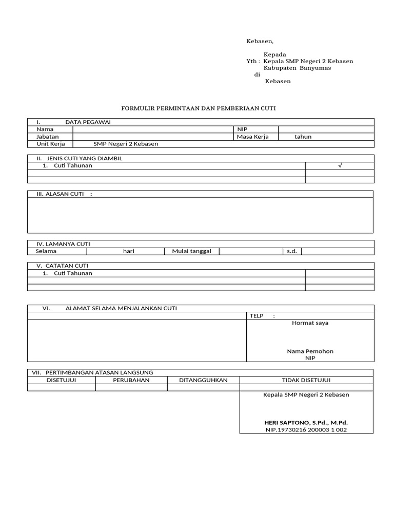 Surat Permohonan Cuti Tahunan ASN | PDF