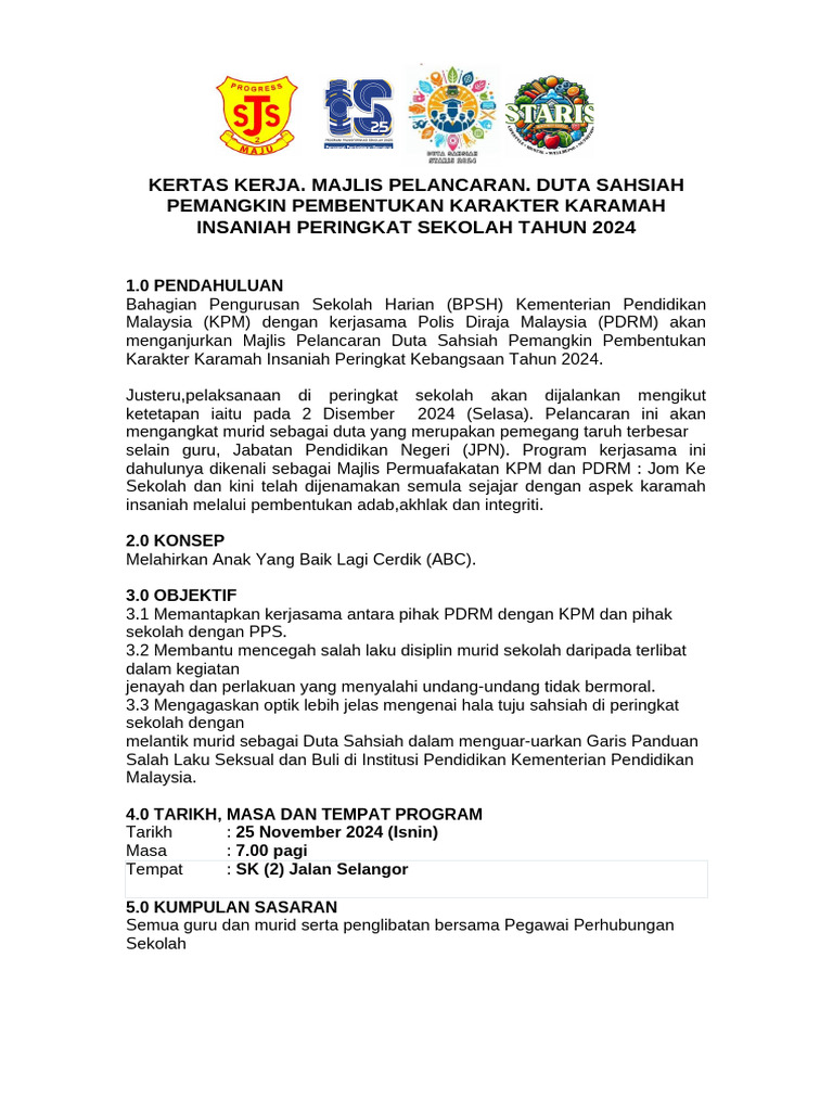 Kertas Kerja Duta Sahsiah 2024 | PDF