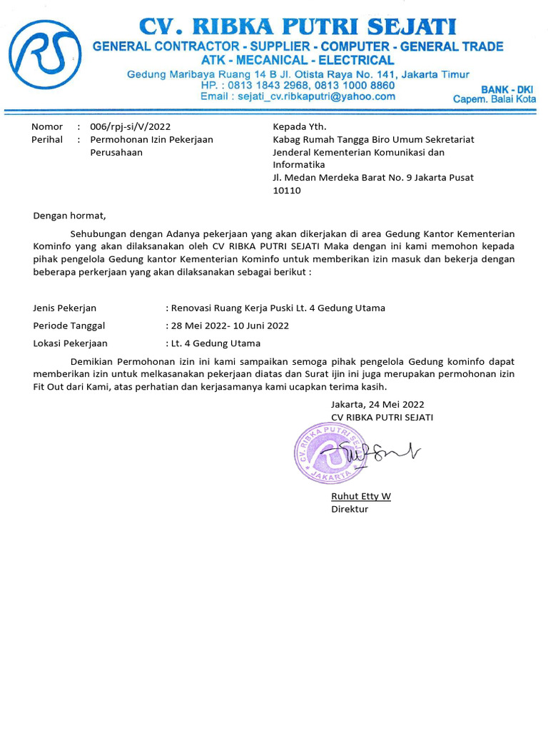 Surat Permohonan Ijin Kerja CV Ribka Ruangan PUSKI | PDF