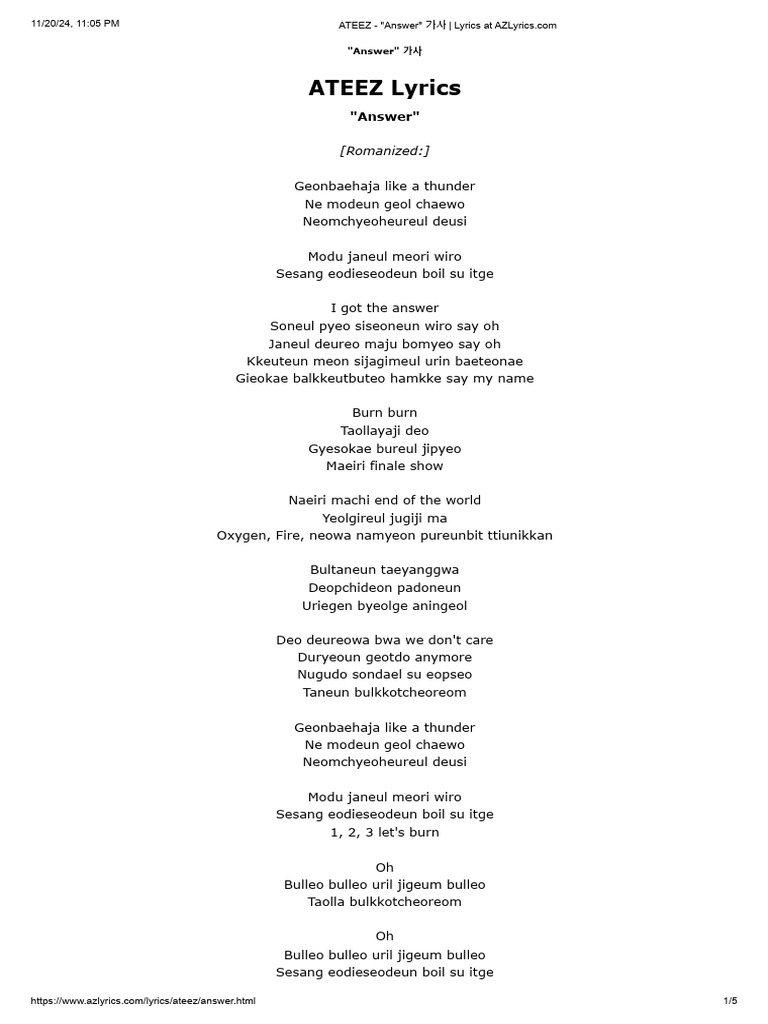 ATEEZ - - Answer - 가사 - Lyrics | PDF