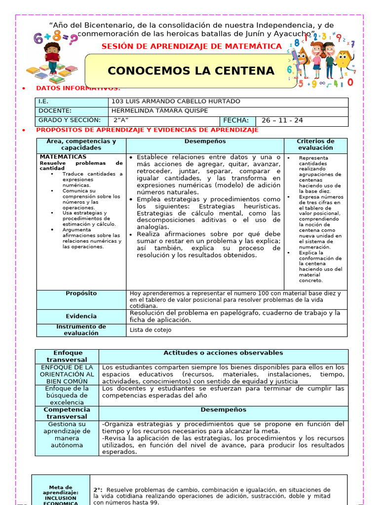 Ses. de Mat Conocemos La Centena | PDF | Aprendizaje