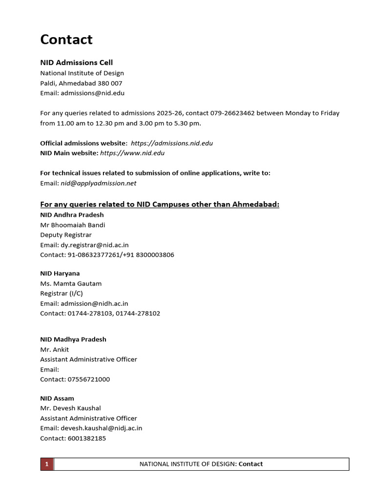 NID Admissions Contact Information | PDF