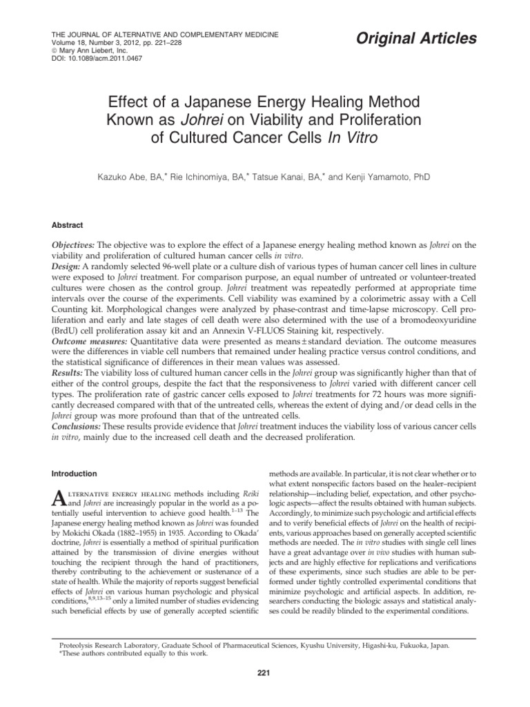 Kanai Et Al 2012 Effect of A Japanese Energy Healing Method Known As ...