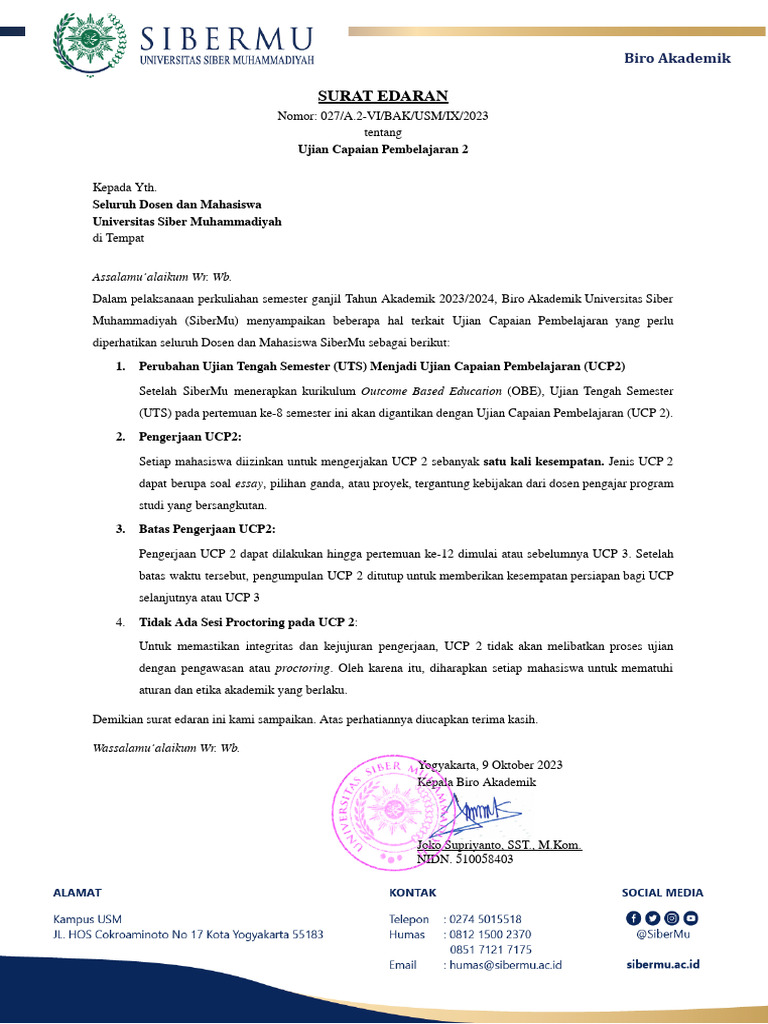 027 - A.2-VI - BAK - USM - XI - 2023 Surat Edaran Ujian Capian Pembelajaran 2 | PDF