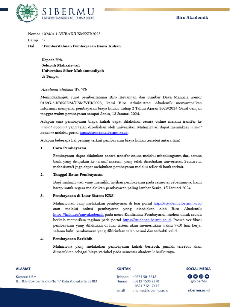 024 - A.1-VI - BAK - USM - XII - 2023 Surat Edaran Pemberitahuan Pembayaran Kuliah | PDF