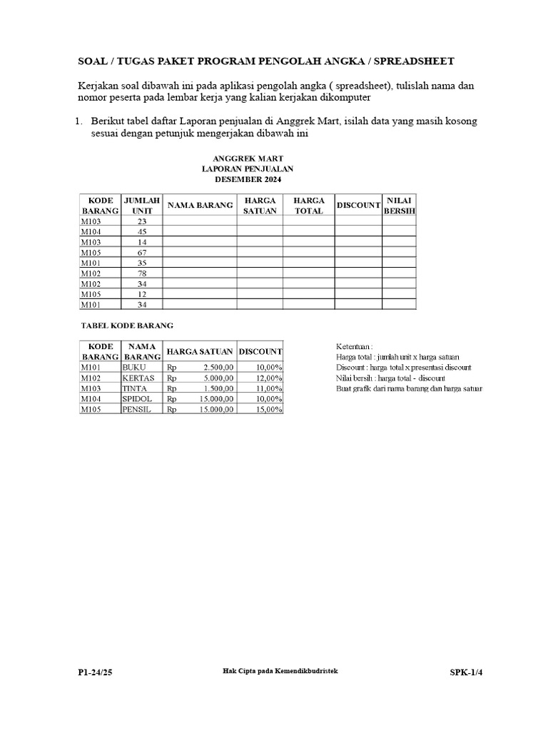 Soal Spreadsheet Paket 1 - 2025 | PDF