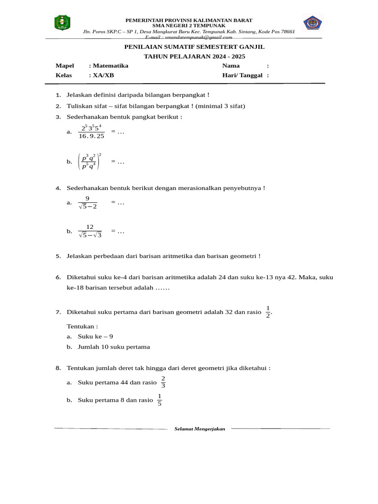 Soal UAS MTK Kelas X | PDF